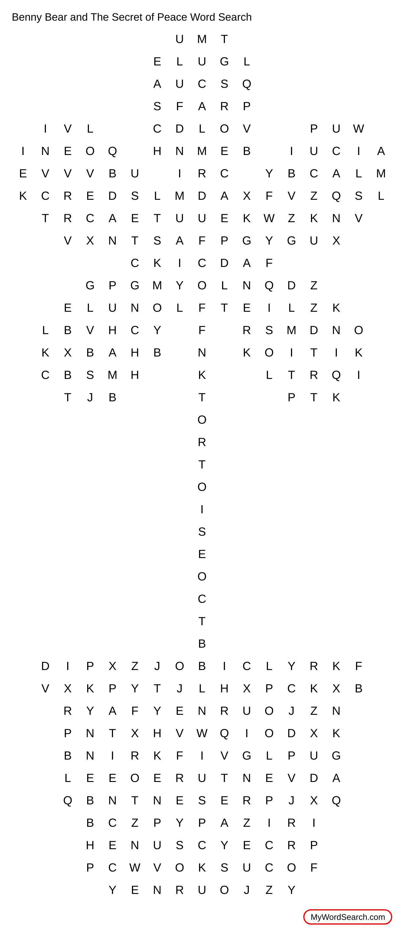 Benny Bear and The Secret of Peace Word Search