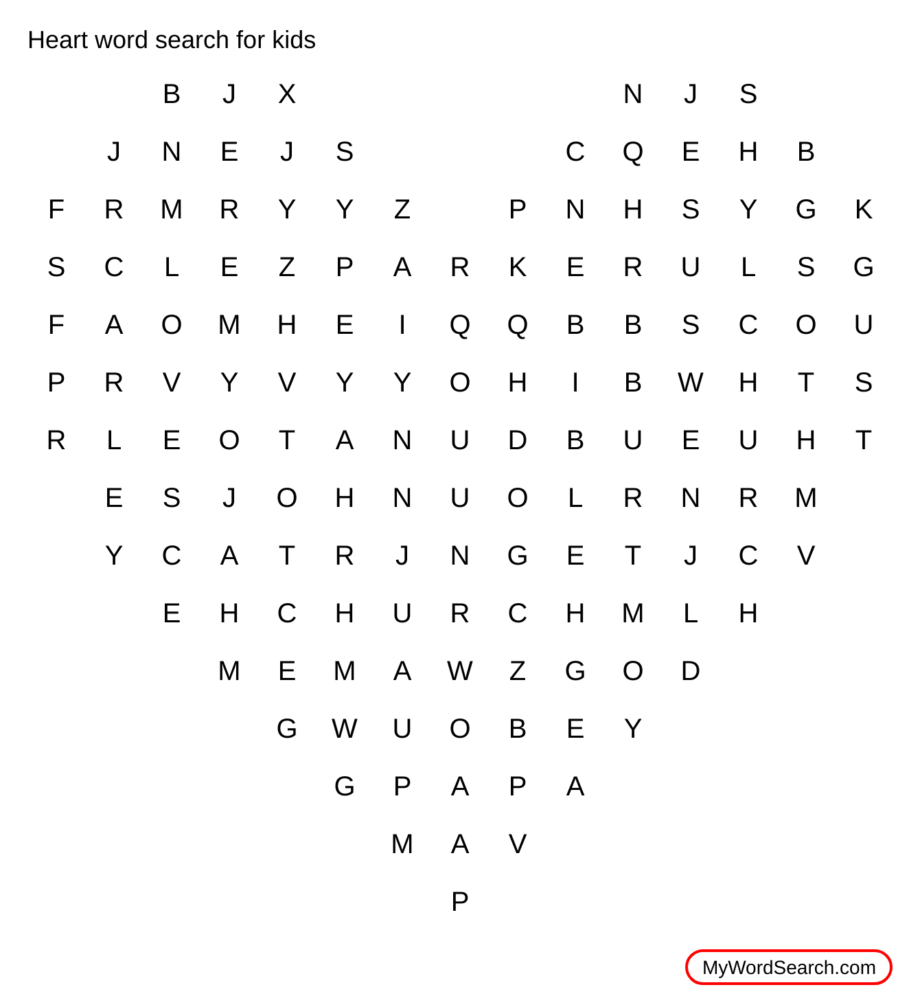 Heart word search for kids