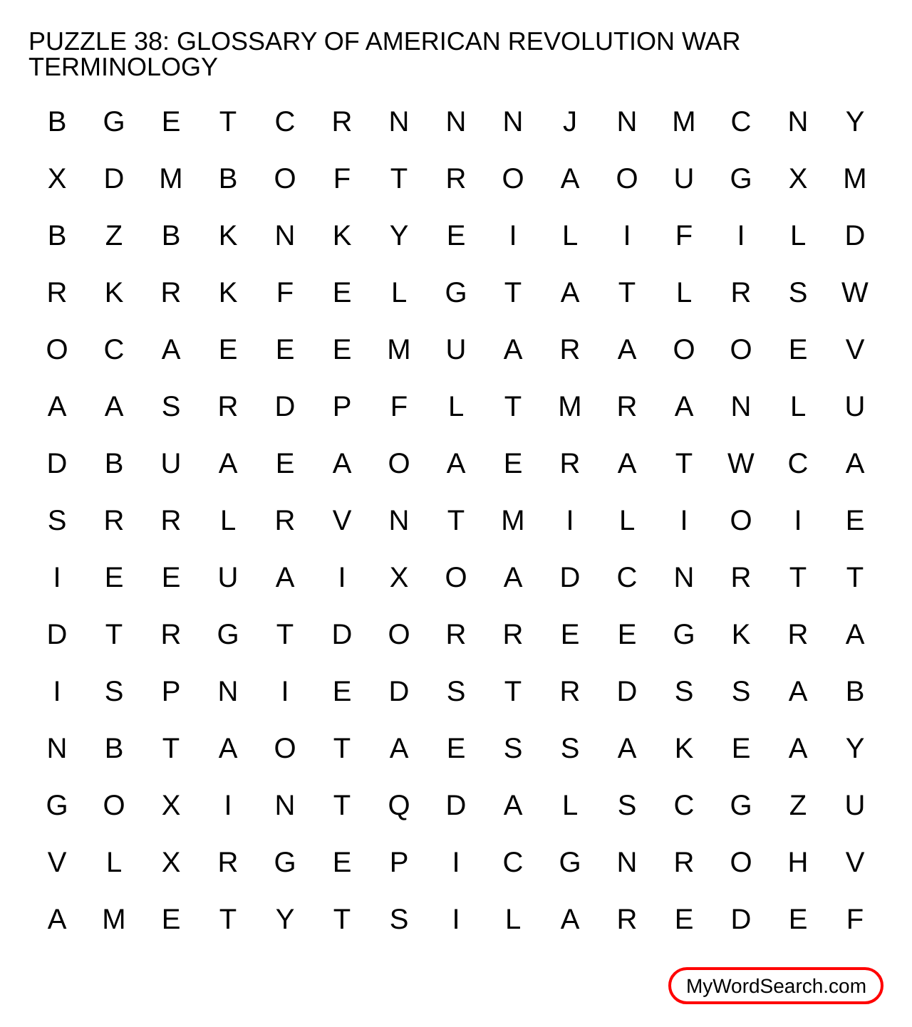 PUZZLE 38: GLOSSARY OF AMERICAN REVOLUTION WAR TERMINOLOGY