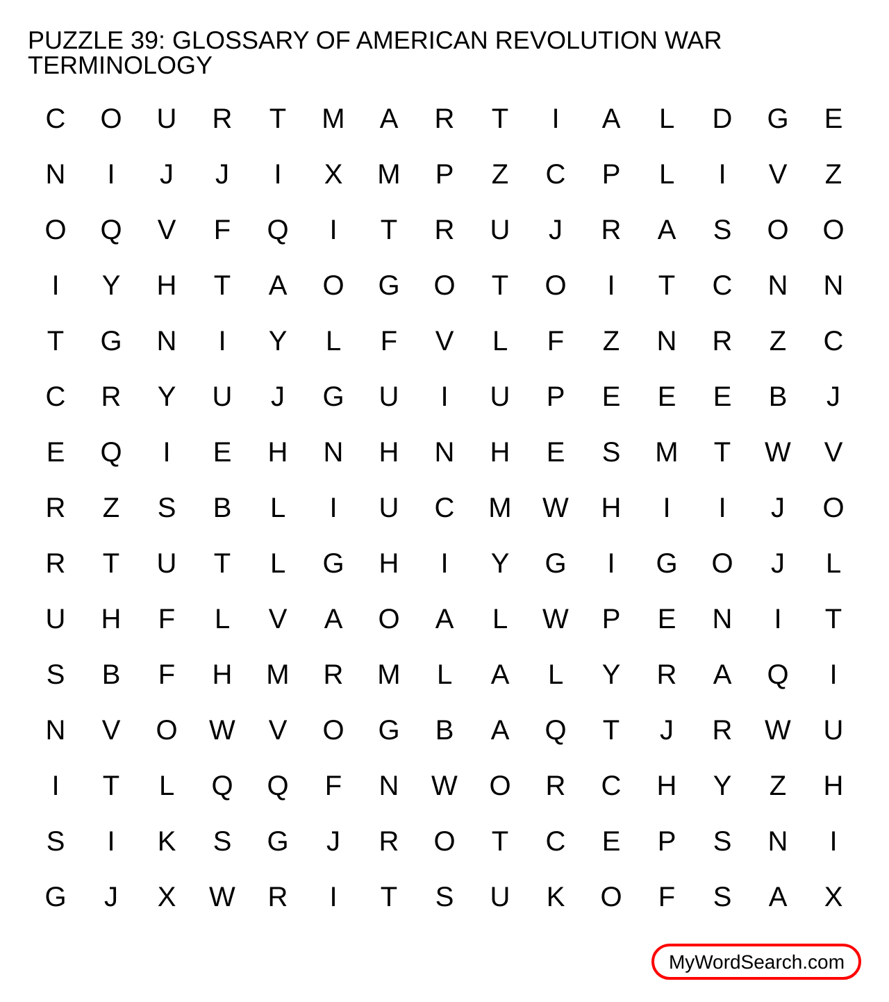 PUZZLE 39: GLOSSARY OF AMERICAN REVOLUTION WAR TERMINOLOGY