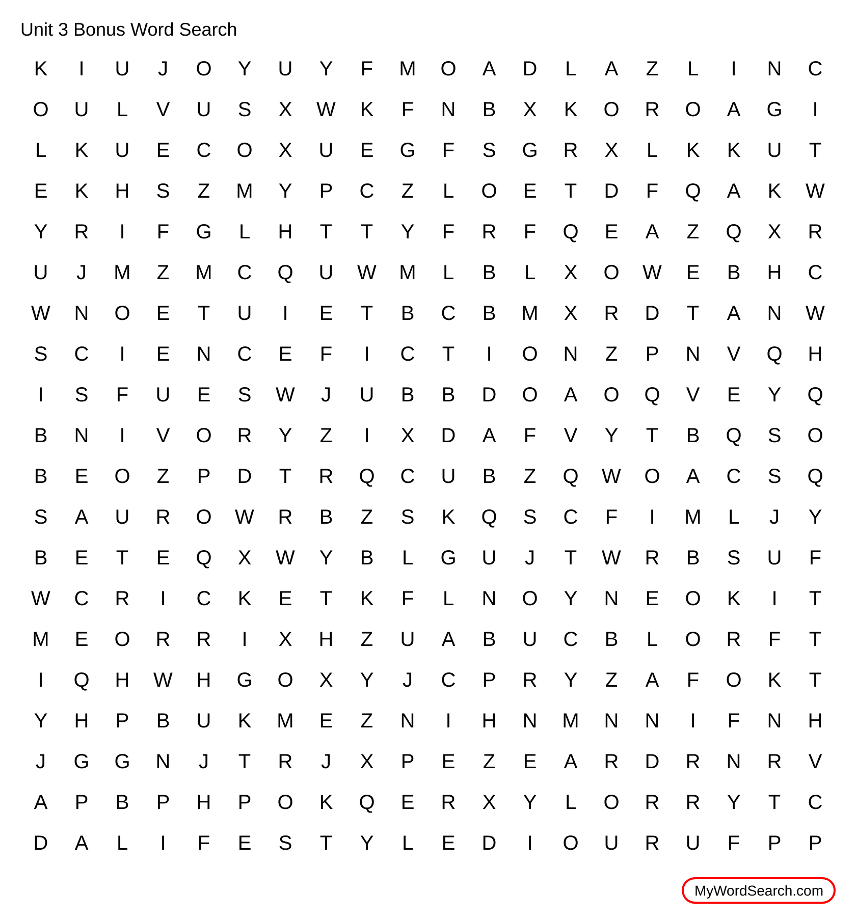 Unit 3 Bonus Word Search